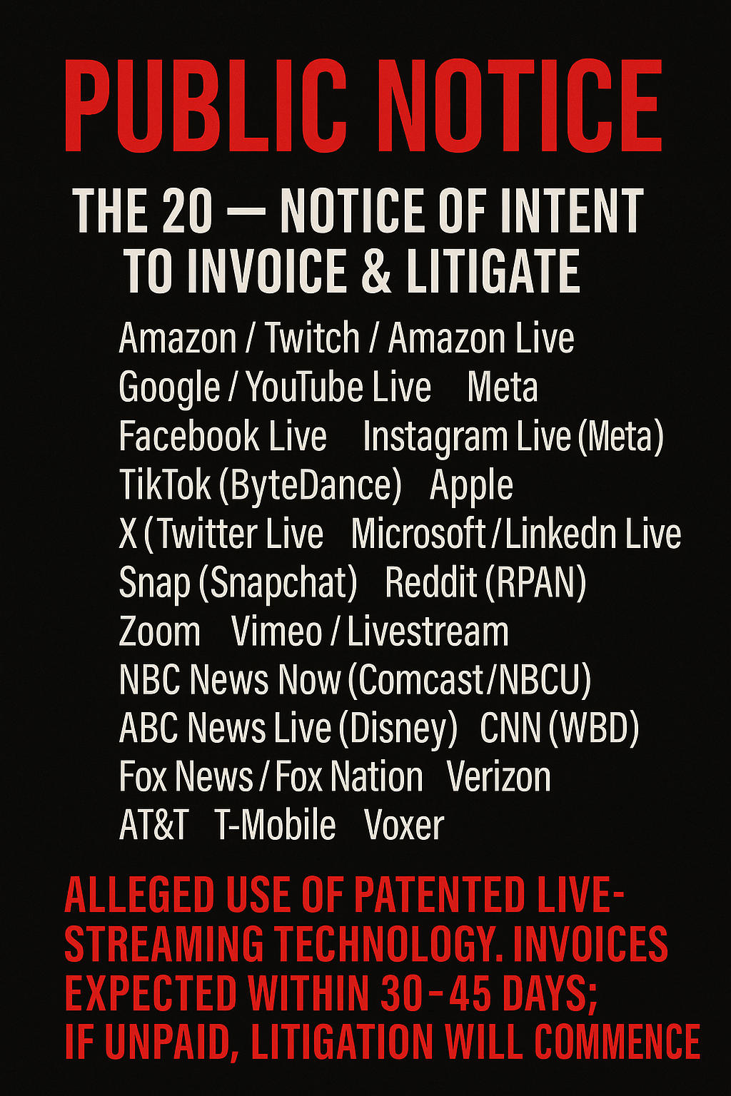 The Top 20 — Notice of Intent to Invoice & Litigate (Live-Streaming ...